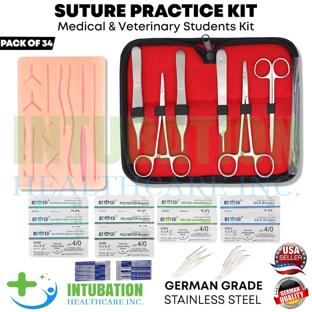 34 Pcs Suture Kit Complete Practice Sutures Kits Medical Veterinary Student Training Surgical ...