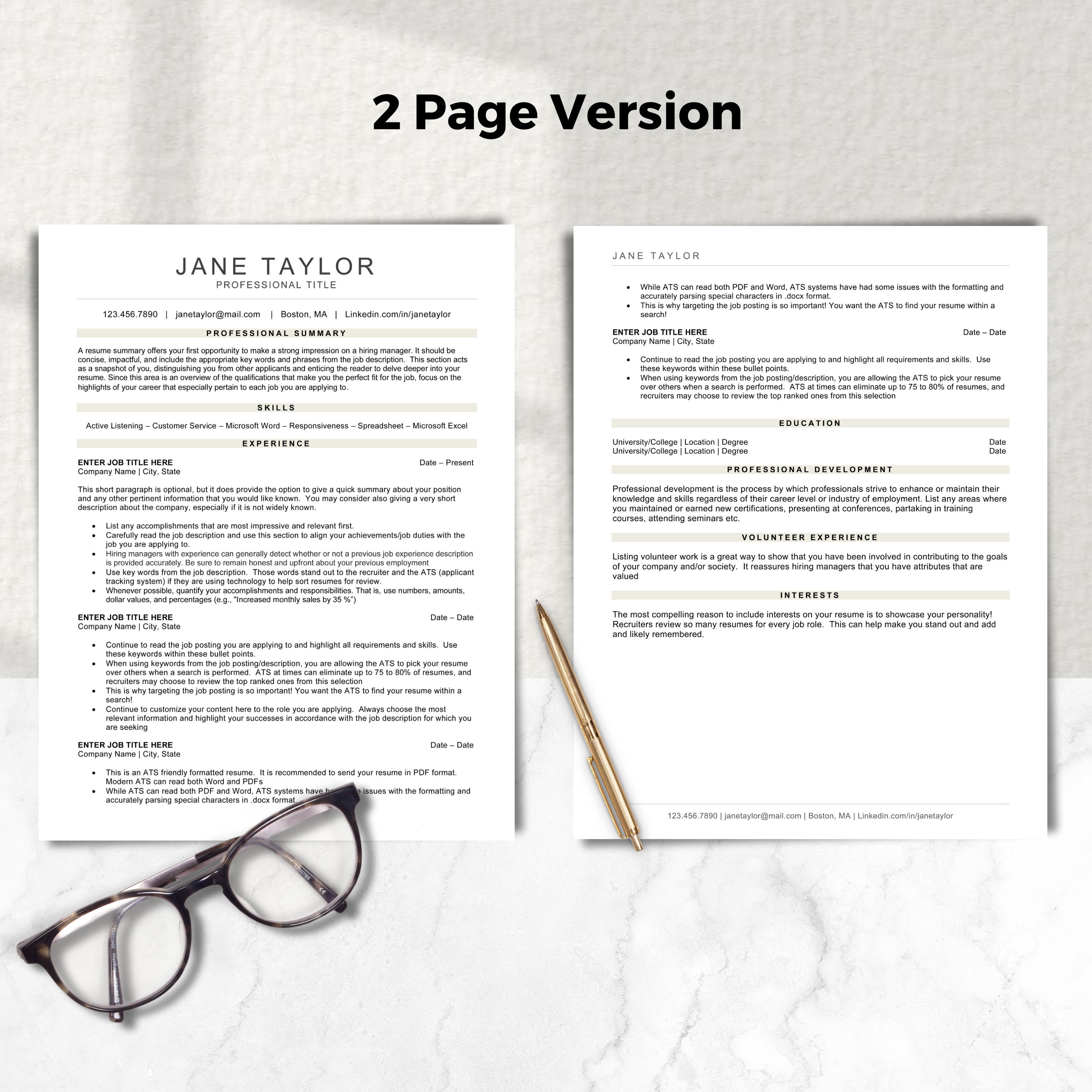 ATS Friendly Resume Template for Microsoft Word, Google Docs and Pages ...