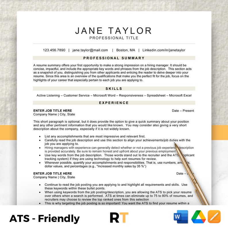 ATS Friendly Resume Template for Microsoft Word, Google Docs and Pages ...