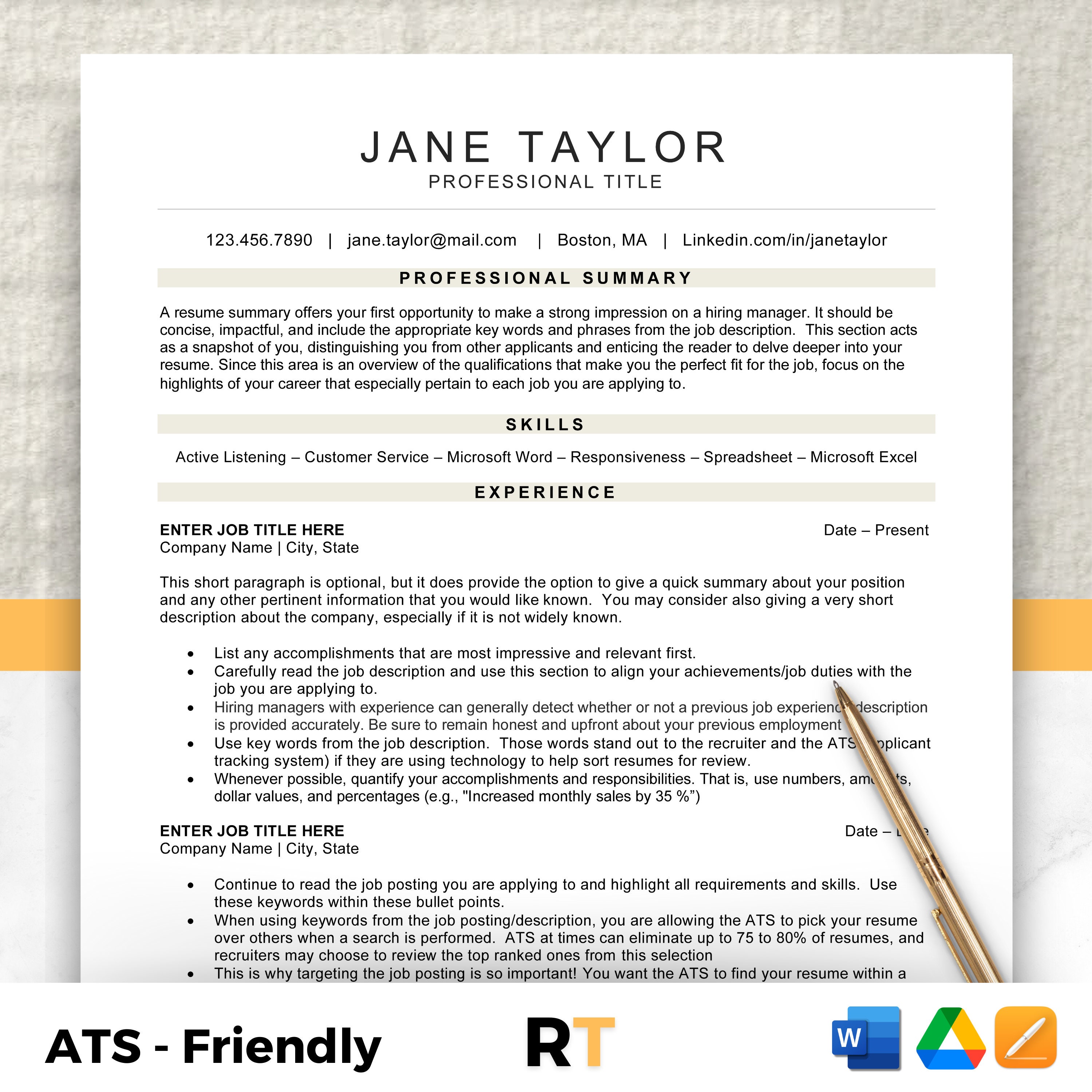 ATS Friendly Resume Template for Microsoft Word, Google Docs and Pages ...
