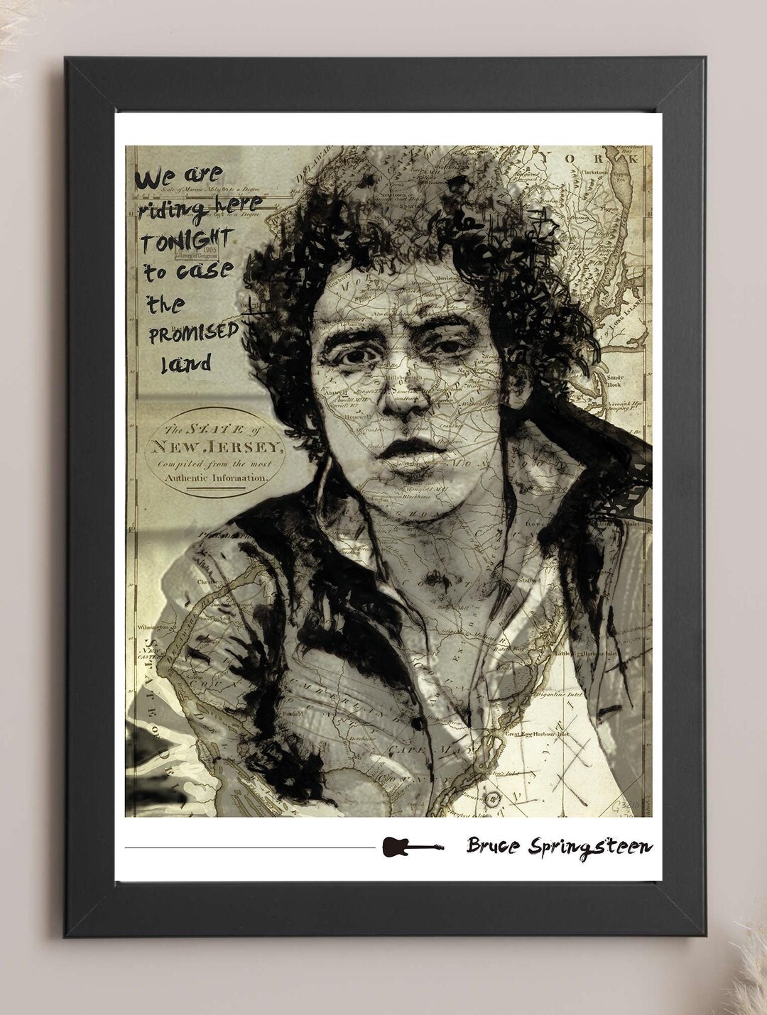 Bruce Springsteen Art Print Over Vintage Map of New Jersey - Fan Art ...
