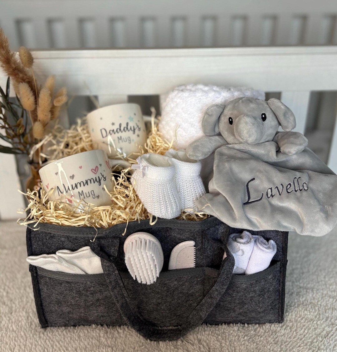 Baby Nappy Caddy and Mugs Hamper. Mummy & Daddy Gift. Baby Comforter ...