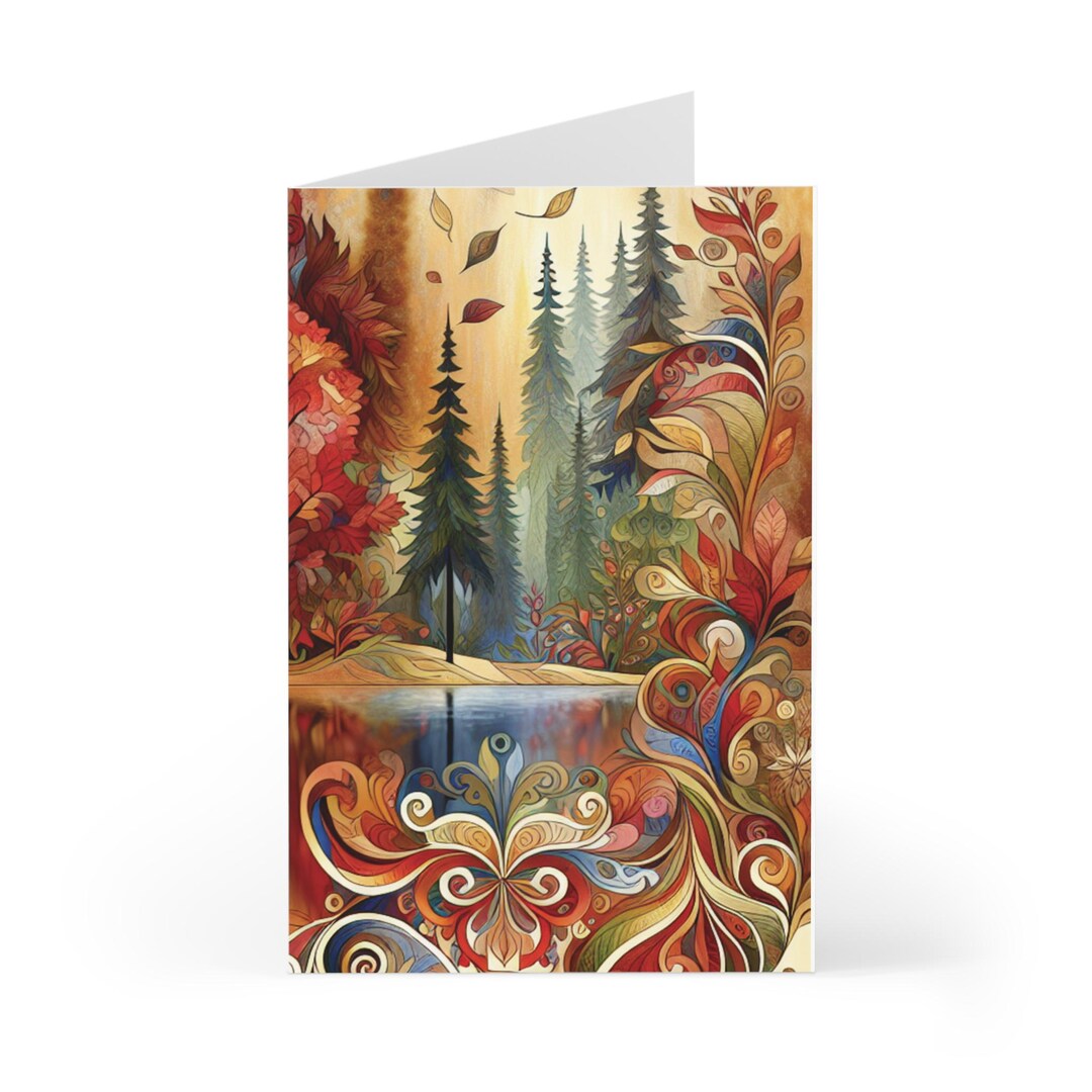 Greeting Cards Set, Autumn Forest Landscape, Beautiful Colors, Warm ...