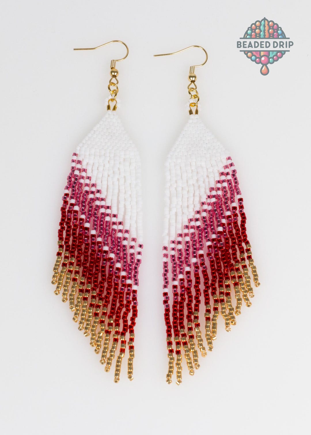 Handmade Beaded Fringe Wing Earrings: White, Pink, Red & Gold Angel ...
