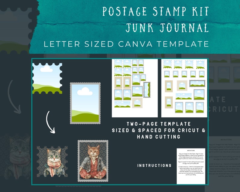 Postage Stamps Junk Journal Kit Creator Template | 3 Sizes | CANVA ...