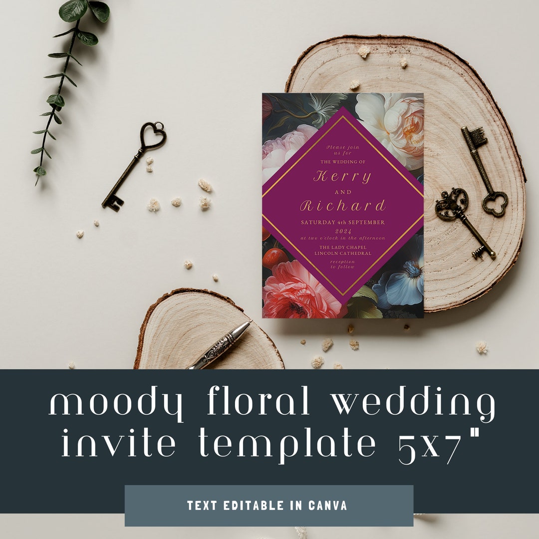 Moody Floral 5x7 Wedding Invitation Editable Canva Template Text Fully ...
