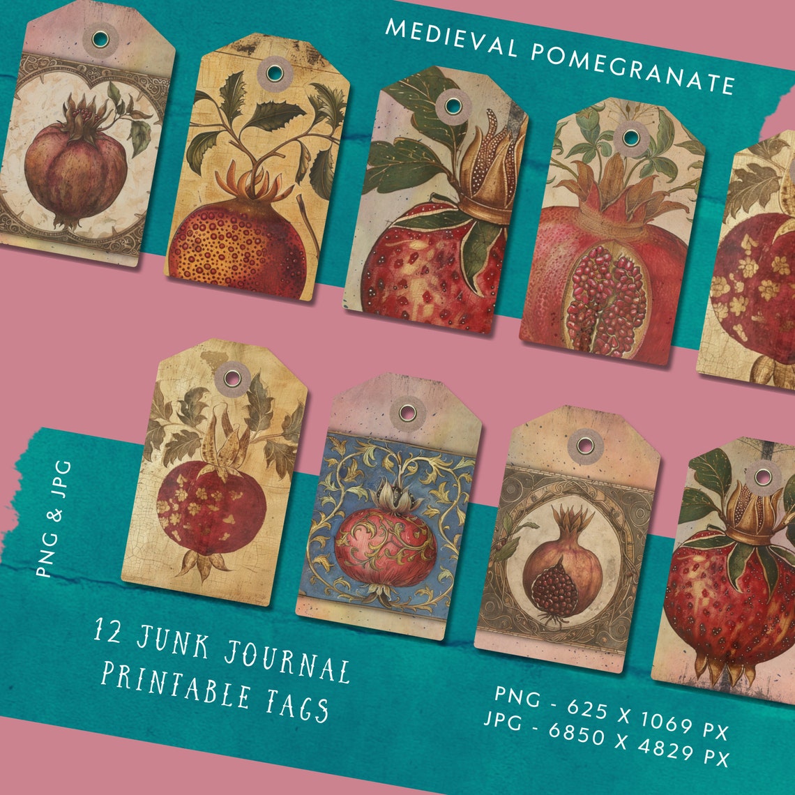 Medieval Pomegranate Themed Printable Junk Journal 12 Pack Digital Tags ...