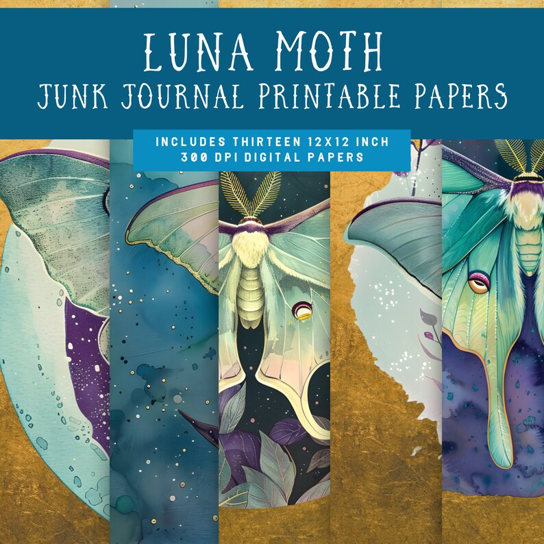 Luna Moth Watercolor Gold Leaf Digital Paper, Notebook Digital Paper ...