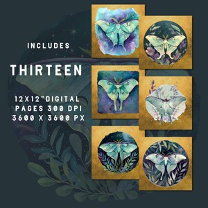 Luna Moth Watercolor Gold Leaf Digital Paper, Notebook Digital Paper Fantasy Junk Journal Pages ...