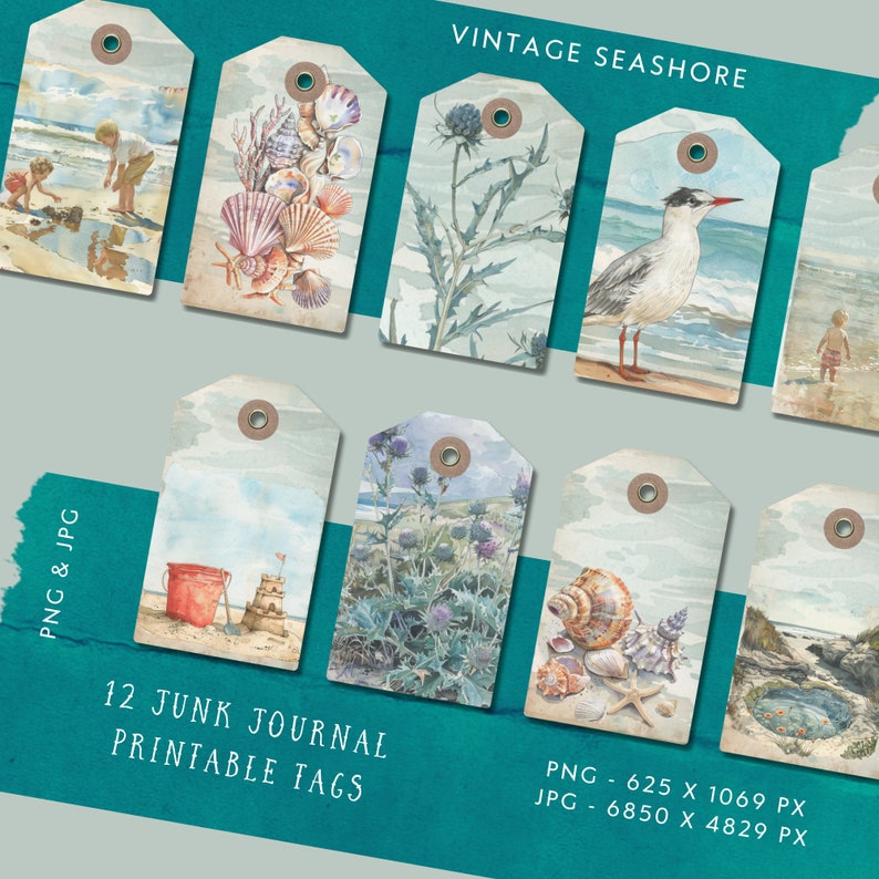 Vintage Seashore Themed Printable Junk Journal 12 Pack Digital Tags ...