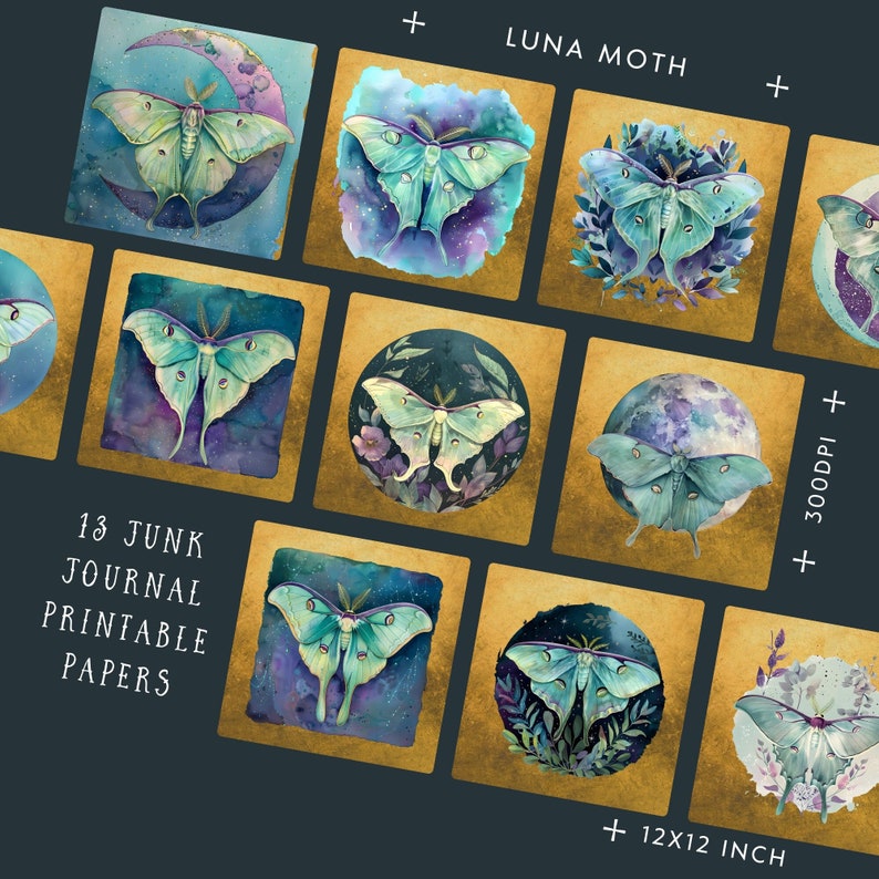 Luna Moth Watercolor Gold Leaf Digital Paper, Notebook Digital Paper Fantasy Junk Journal Pages ...