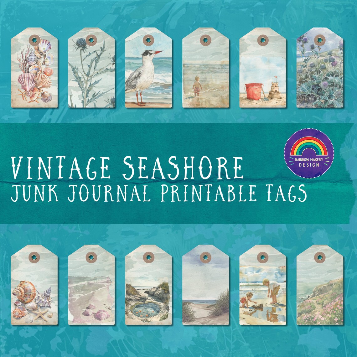 Vintage Seashore Themed Printable Junk Journal 12 Pack Digital Tags ...