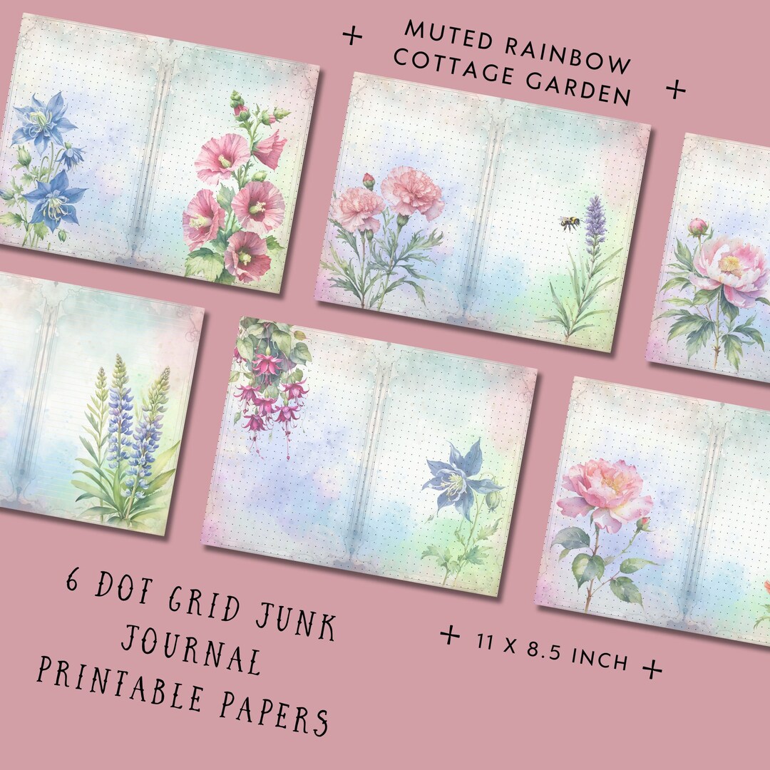 Muted Rainbow Cottage Garden Dot Grid Printable PDF Junk Journal 6 Pack ...