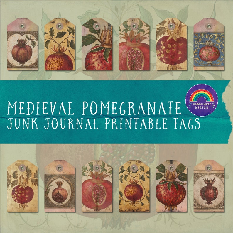 Medieval Pomegranate Themed Printable Junk Journal 12 Pack Digital Tags ...