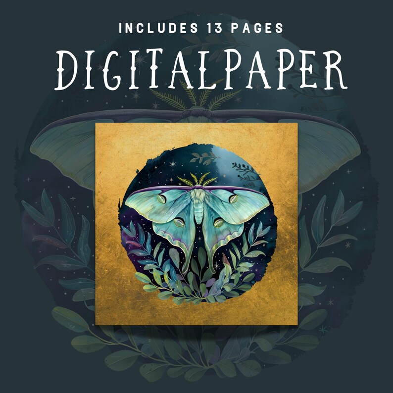 Luna Moth Watercolor Gold Leaf Digital Paper, Notebook Digital Paper ...