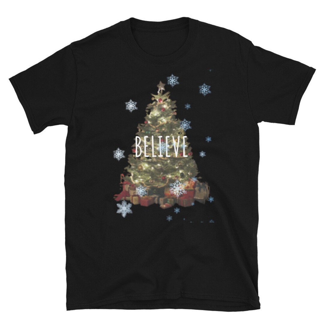 Christmas Tree Graphic Tee, Believe Shirt, Holiday Apparel, Festive ...