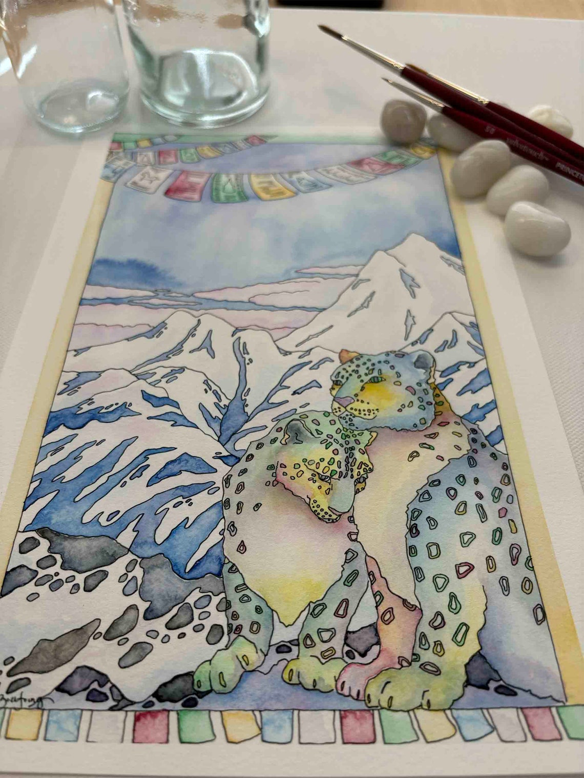 Print, Limited Edition “snow Leopards”, Fine Art Watercolor and Ink ...