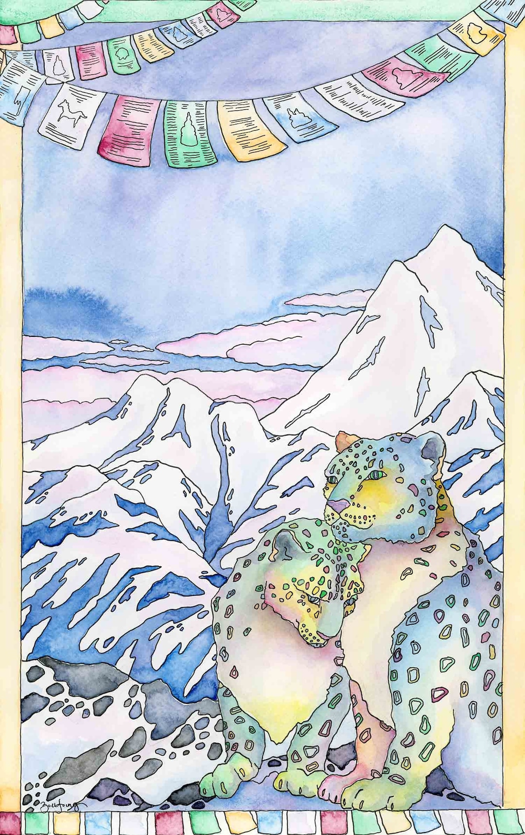 Print, Limited Edition “snow Leopards”, Fine Art Watercolor and Ink Illustration. A Unique ...