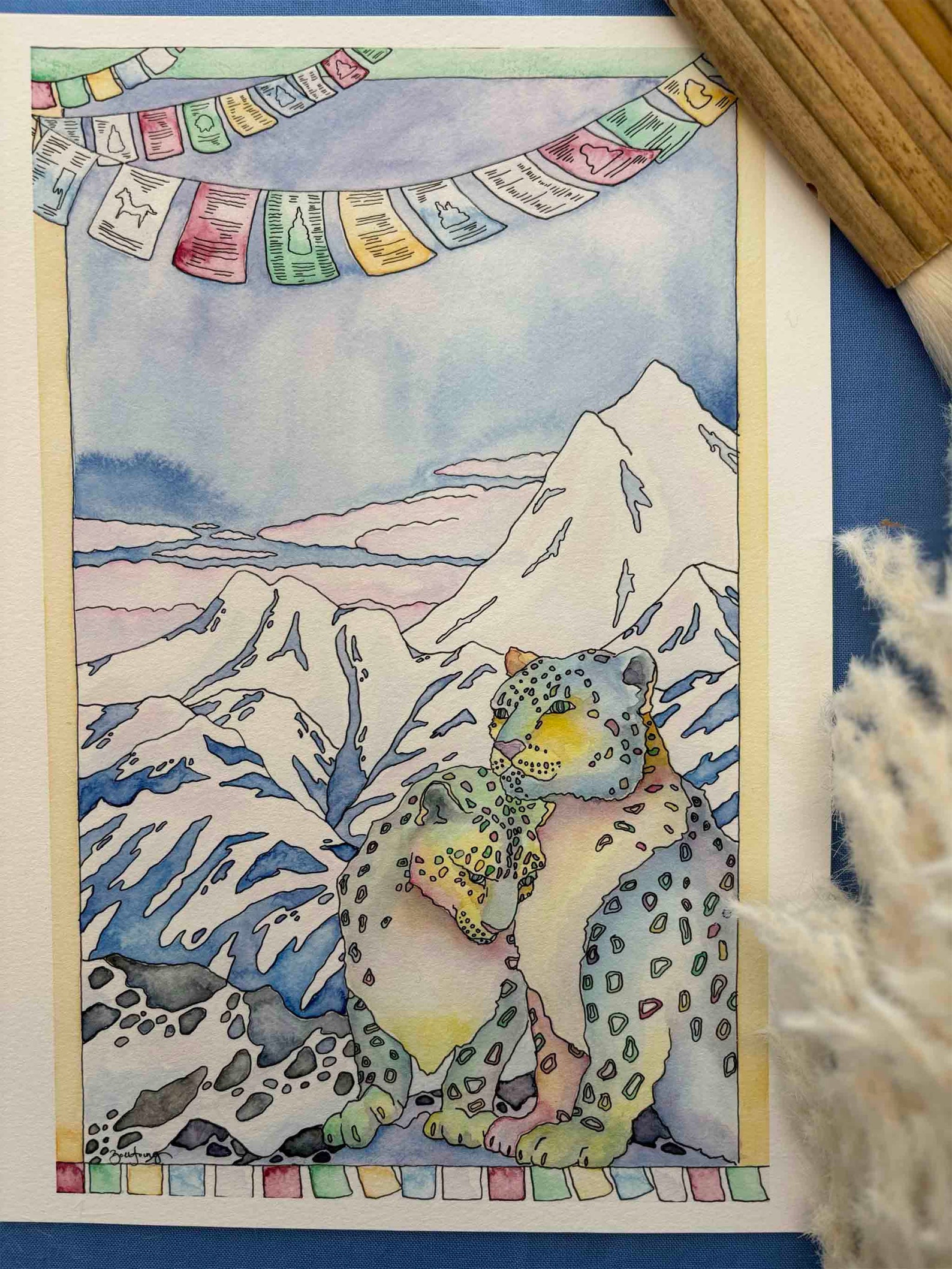 Print, Limited Edition “snow Leopards”, Fine Art Watercolor and Ink ...