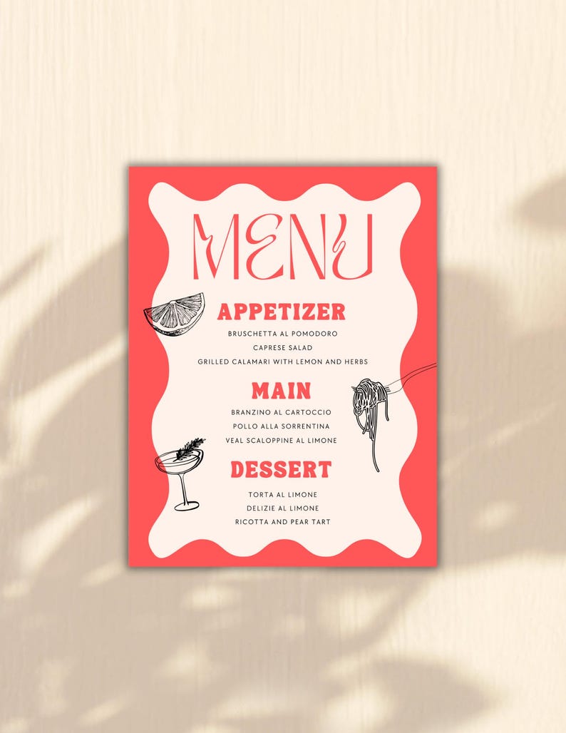 Bold Wavy Dinner Menu Template, Modern & Editable Event Menu, Vibrant ...