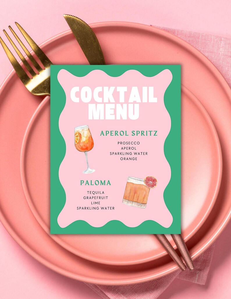 Wavy Cocktail Menu Template: Modern Pink & Green Design - Etsy