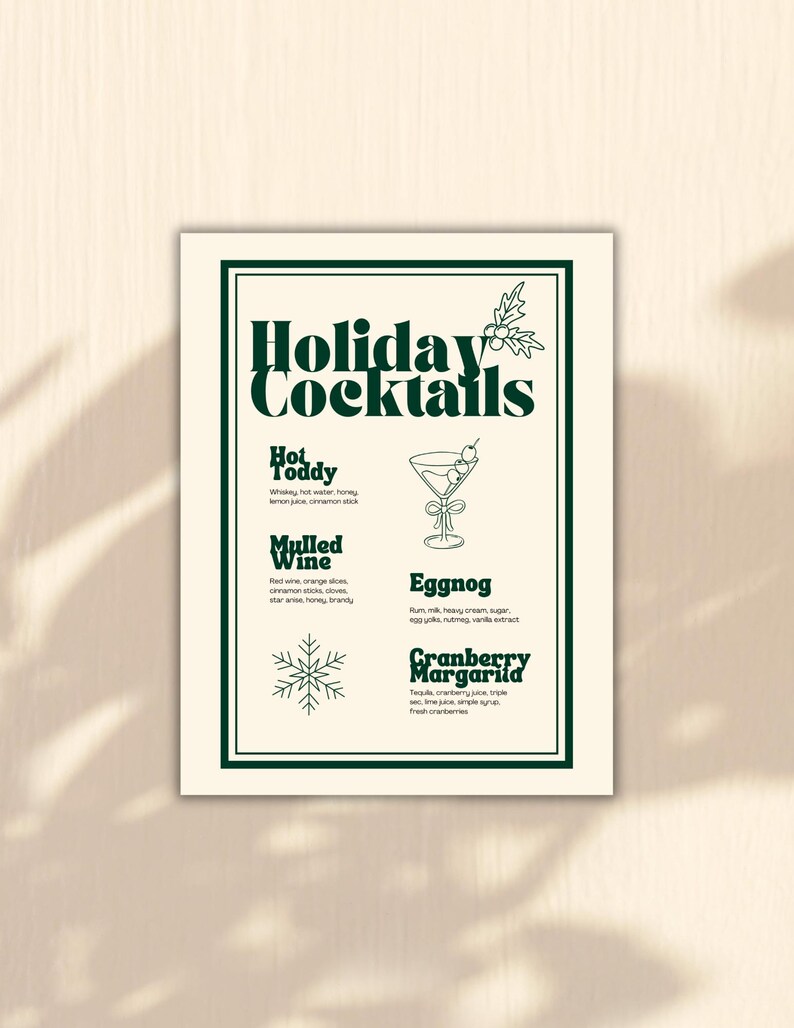 Customizable Holiday Cocktail Menu: Festive Party Drinks (digital ...