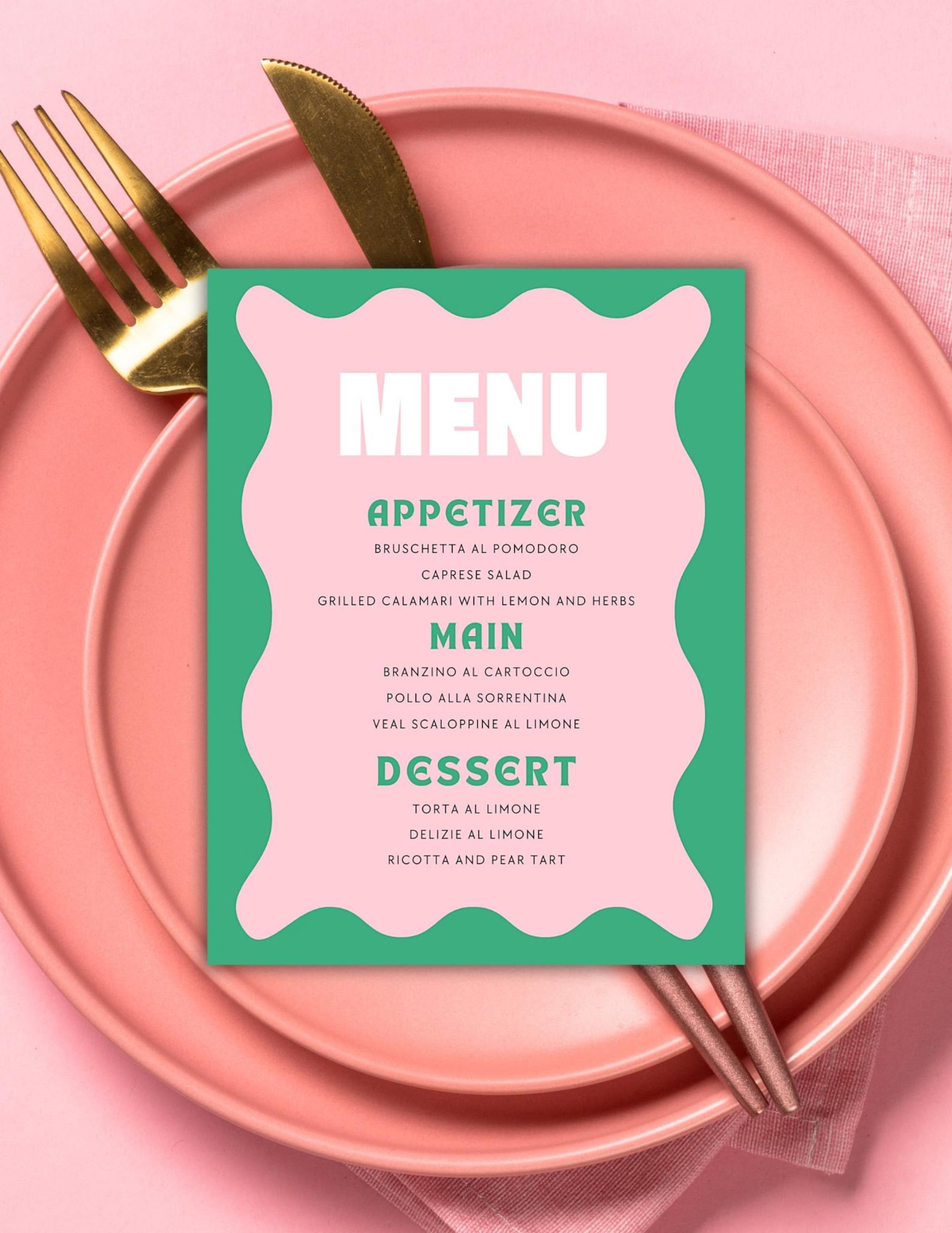 Bold Wavy Dinner Menu Template, Modern & Editable Event Menu, Vibrant ...