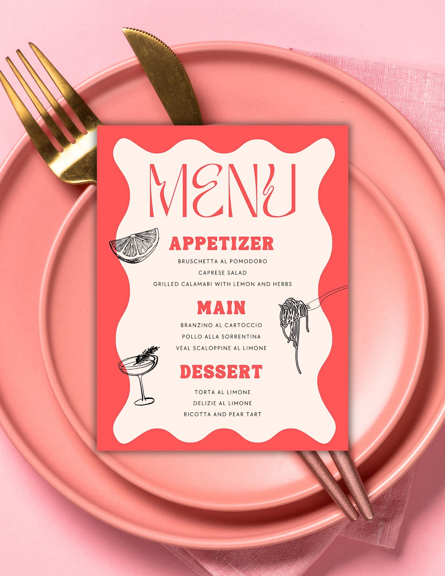 Bold Wavy Dinner Menu Template, Modern & Editable Event Menu, Vibrant ...