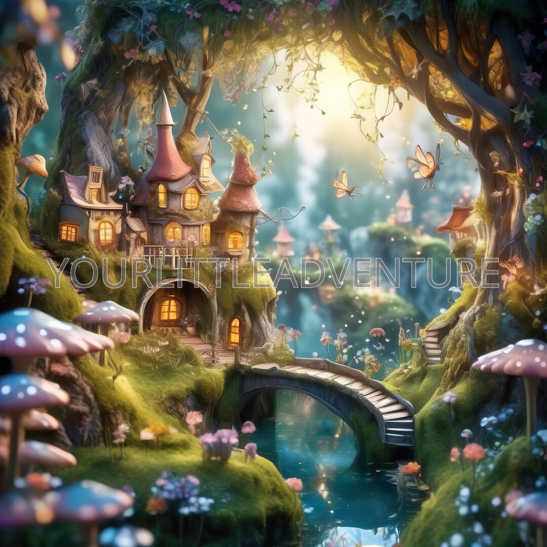 Miniature Fairy Village Under Tree, Surreal Children's Wall Art ...