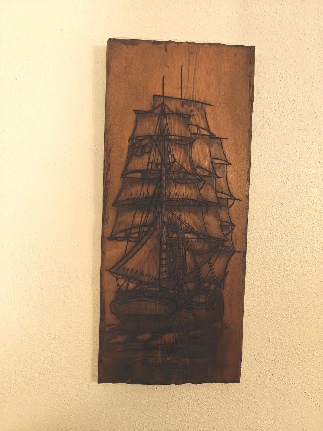 Signed Rustic Wood Carving: Tall Ship Nautical Wall Art by Beeler (25.5 ...