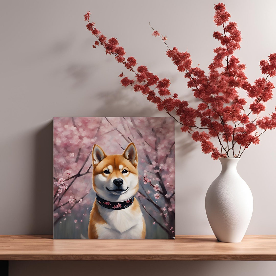 Japanese Sakura & Shiba Inu Canvas Print | Blooming Cherry Blossoms ...