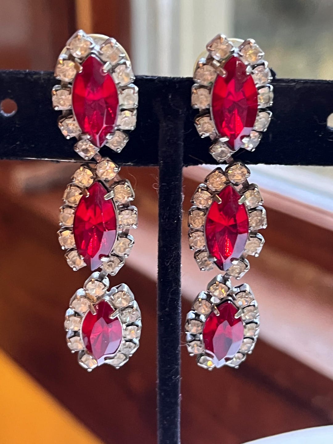 Vintage Prong Set Ruby Red Marquis & Round Clear Faceted Crystal Stones ...