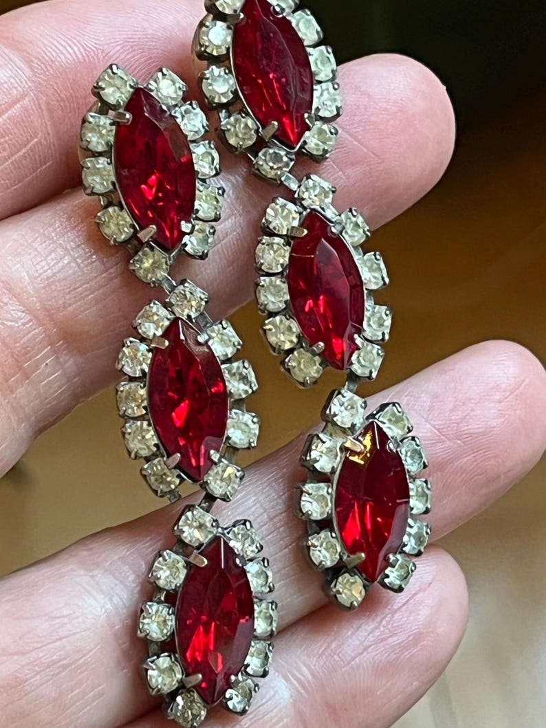 Vintage Prong Set Ruby Red Marquis & Round Clear Faceted Crystal Stones ...