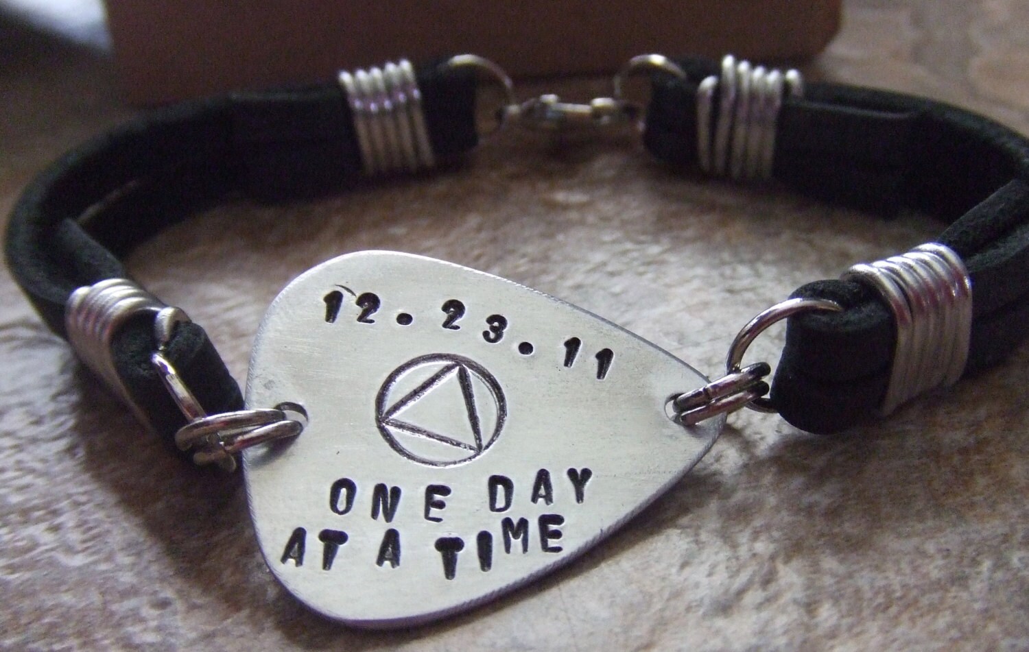 Personalized Guitar Pick Leather Bracelet, AA Symbol Bracelet, One Day ...
