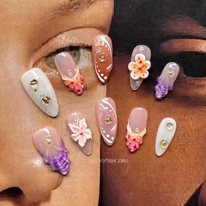 Dreamy 3D Shell Press on Nails Long Almond Nails/french Shell Nails/3d ...