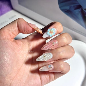 Dreamy 3D Shell Press on Nails Long Almond Nails/3d Floral Nails/flower ...