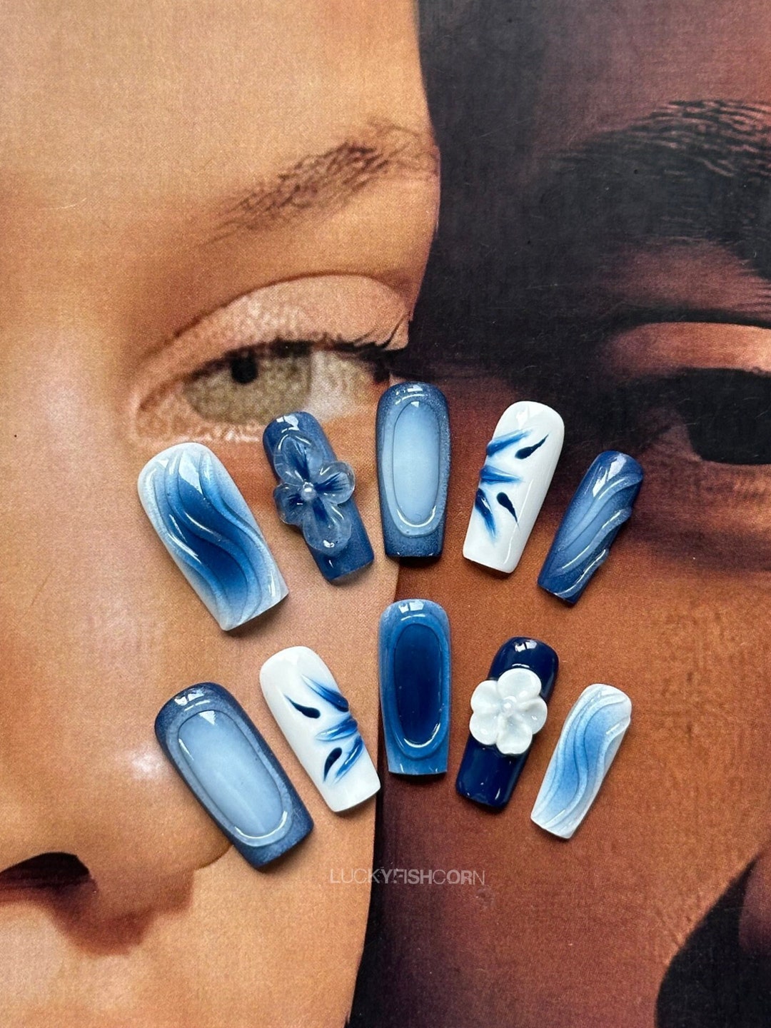 Blue and White Porcelain Nails/3d Floral Press on Nails Long Square ...