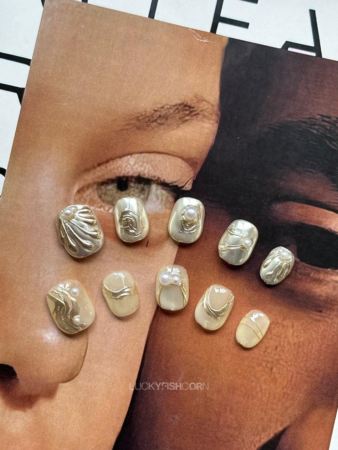 3D Chrome Gold Press on Nails Short Nails/3d Chrome Nails/shell Nails ...