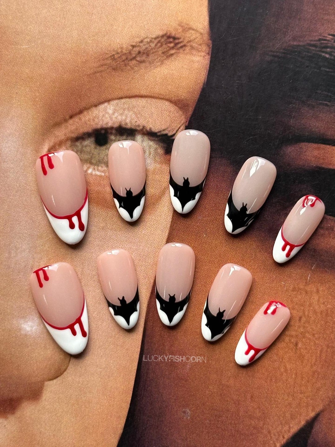 Bat Halloween Press on Nails Almond Nails/french Nails/bats Nails ...