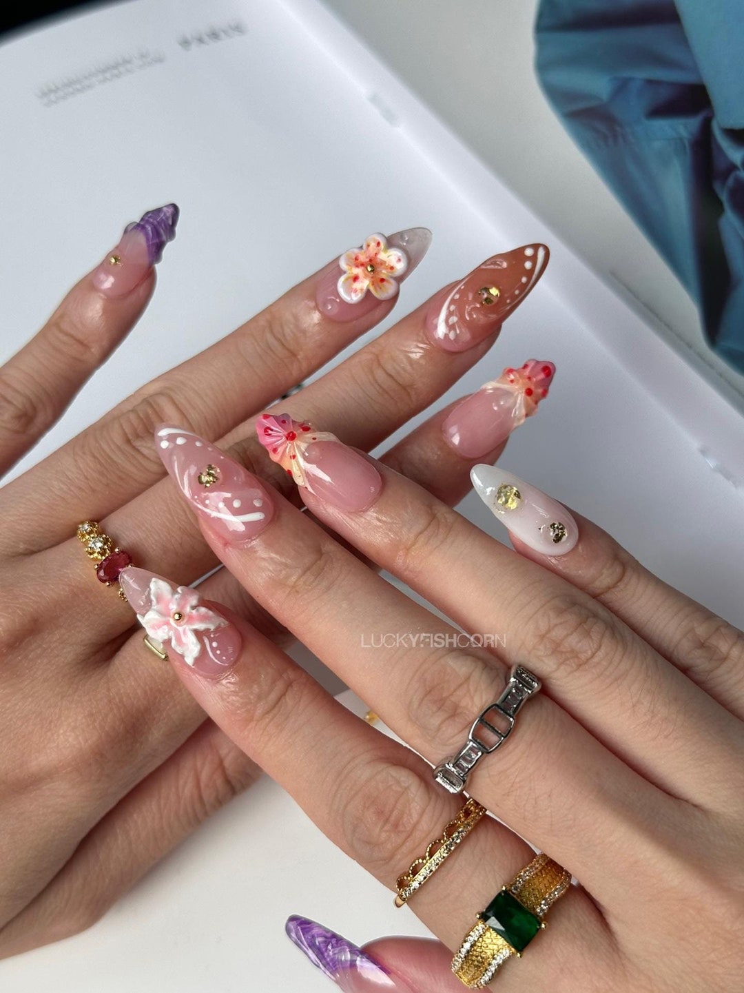 Dreamy 3D Shell Press on Nails Long Almond Nails/french Shell Nails/3d ...