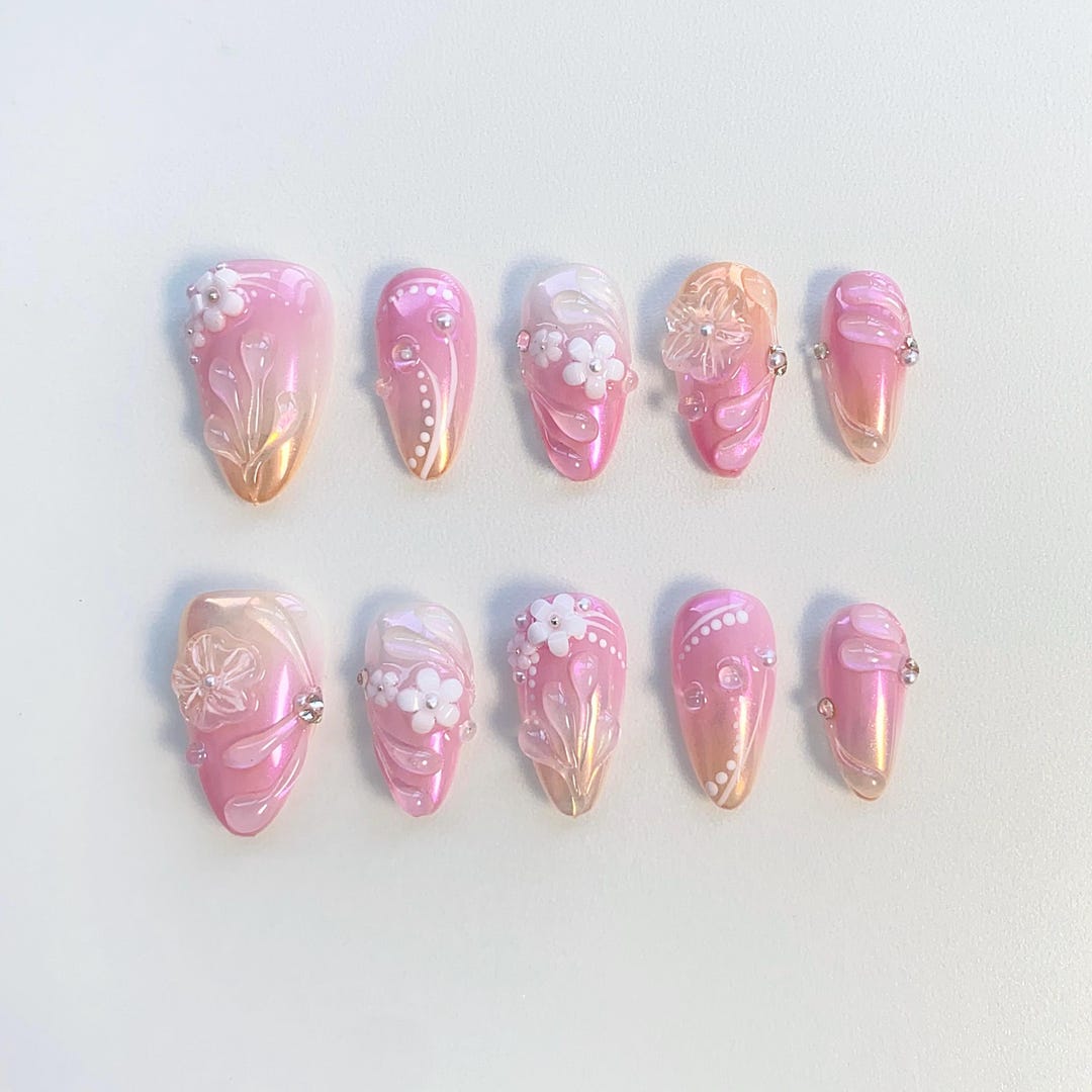 Dreamy Pink Spring Press on Nails Short Almond Nails/3d Flower Nails ...