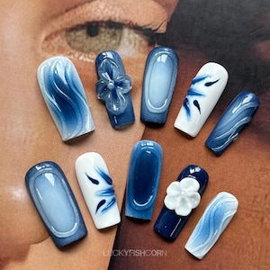 Blue and White Porcelain Nails/3d Floral Press on Nails Long Square ...