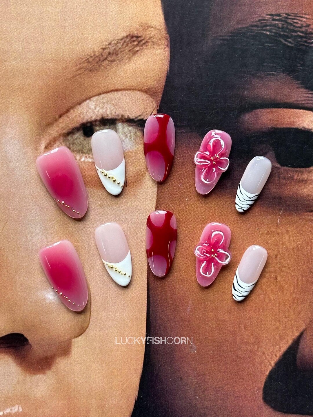 Claret 3D Flower Press on Nails Short Almond Nails/3d Floral Nails ...