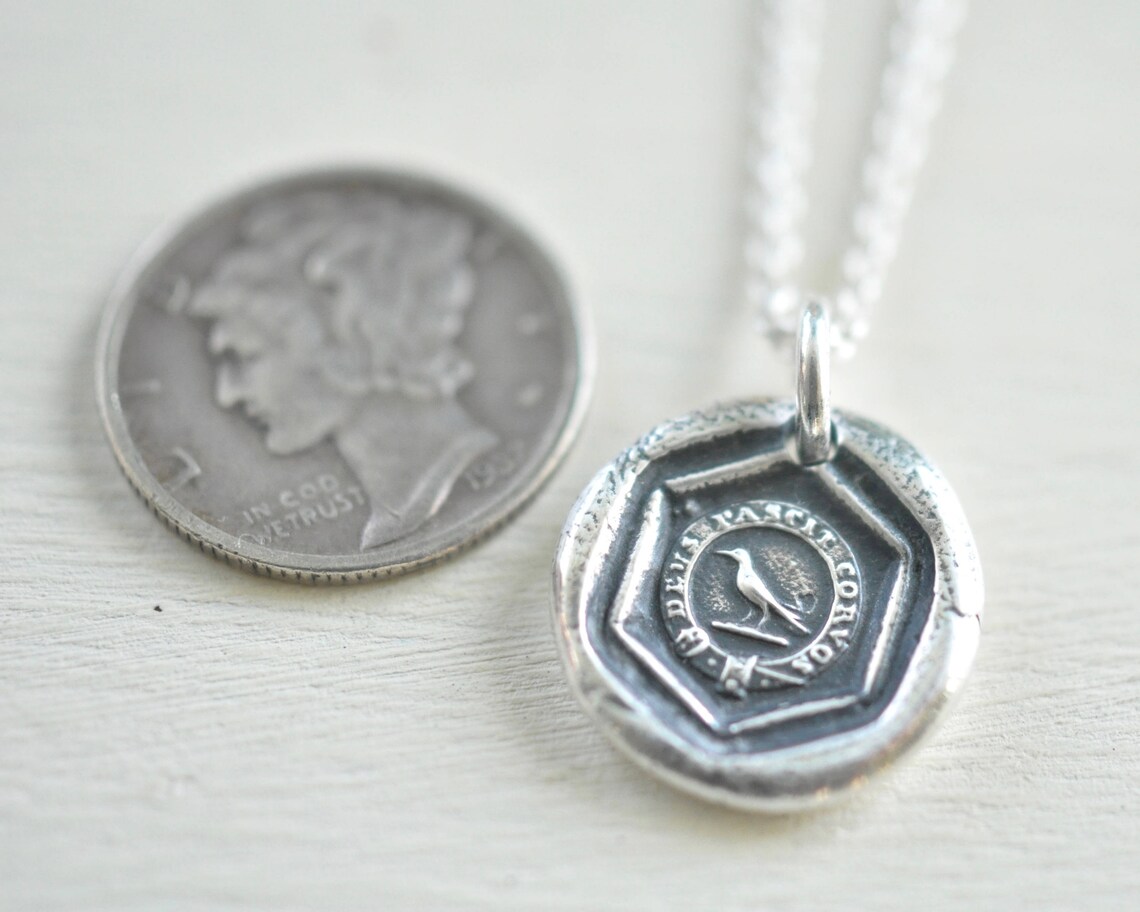 Raven wax seal necklace God feeds the ravens DEUS PASCIT | Etsy