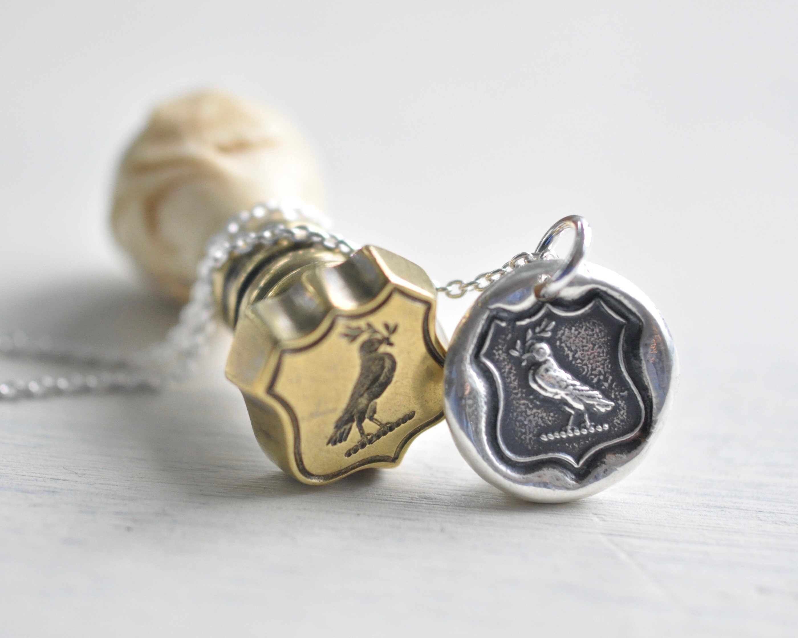 Dove crest wax seal necklace peace sterling silver wax | Etsy