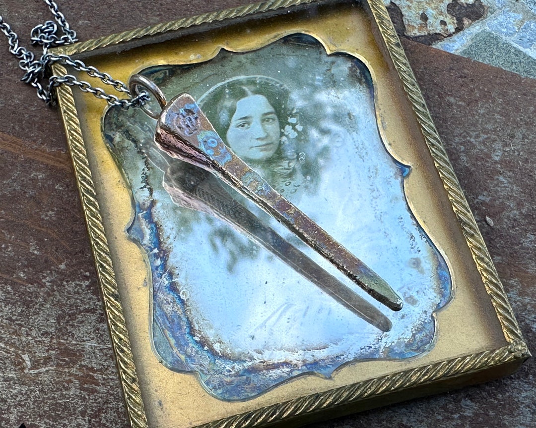 Coffin Nail Necklace Pendant - Bronze Textured Spiky Casket Nail ...