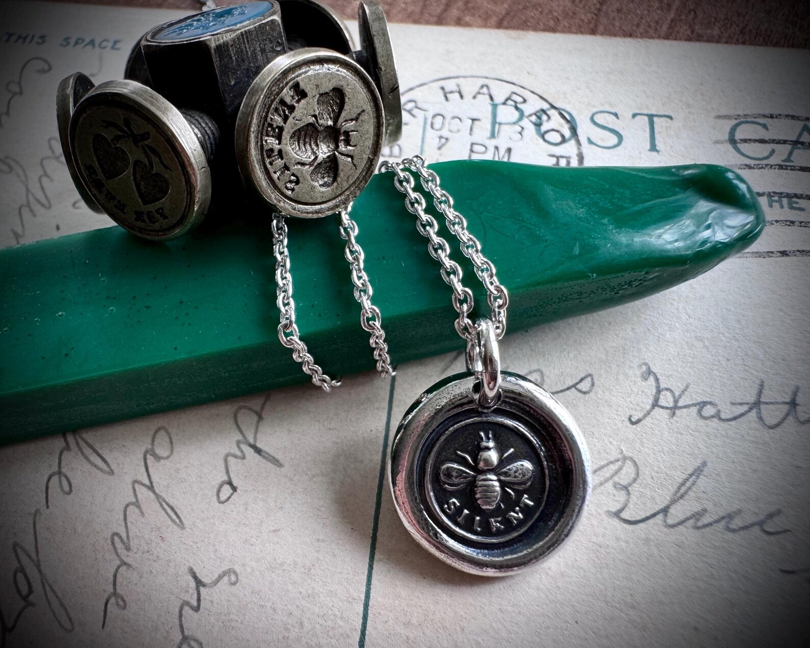 Bee Wax Seal Necklace Pendant - Bee Silent - Secretive Sterling Silver ...