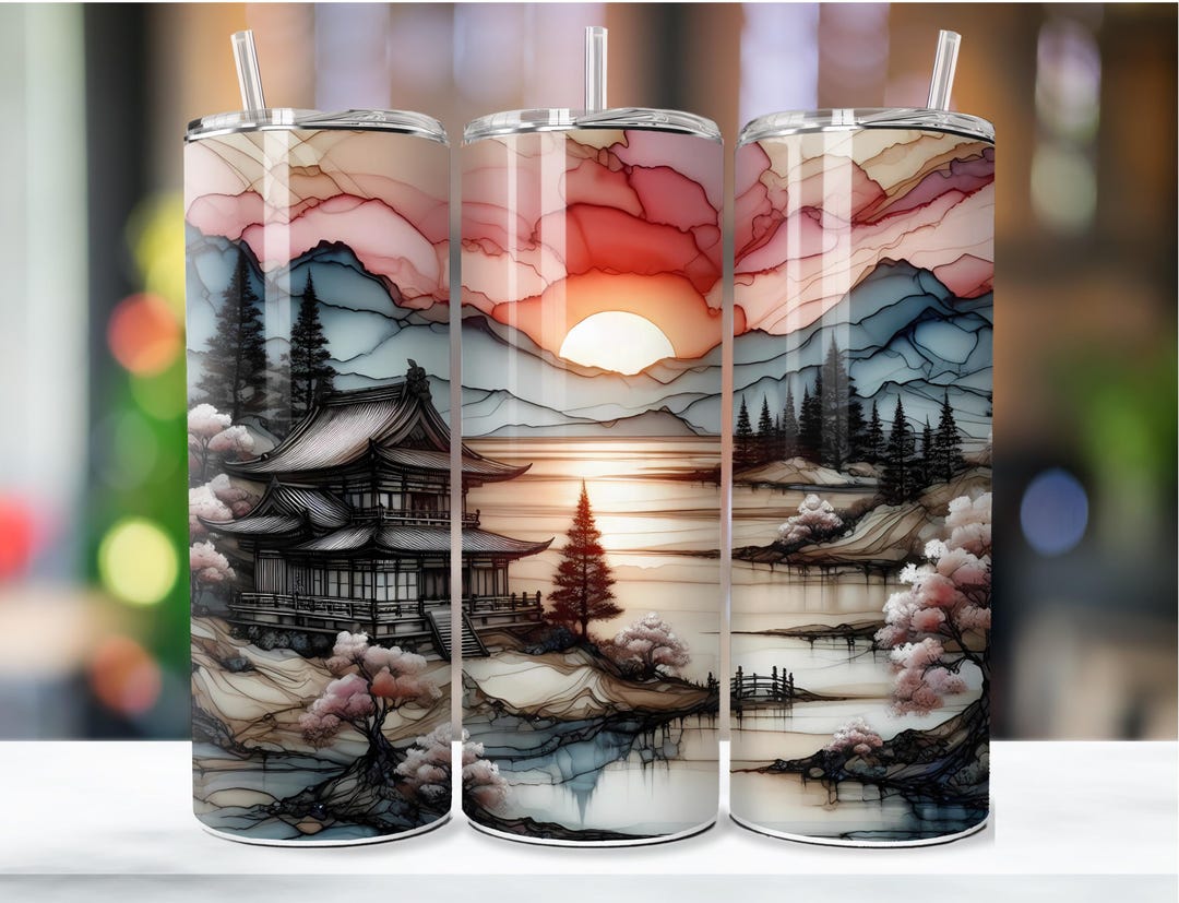 3D Japanese Tumbler Wrap Beautiful Landscape Tumbler Design, Cherry ...