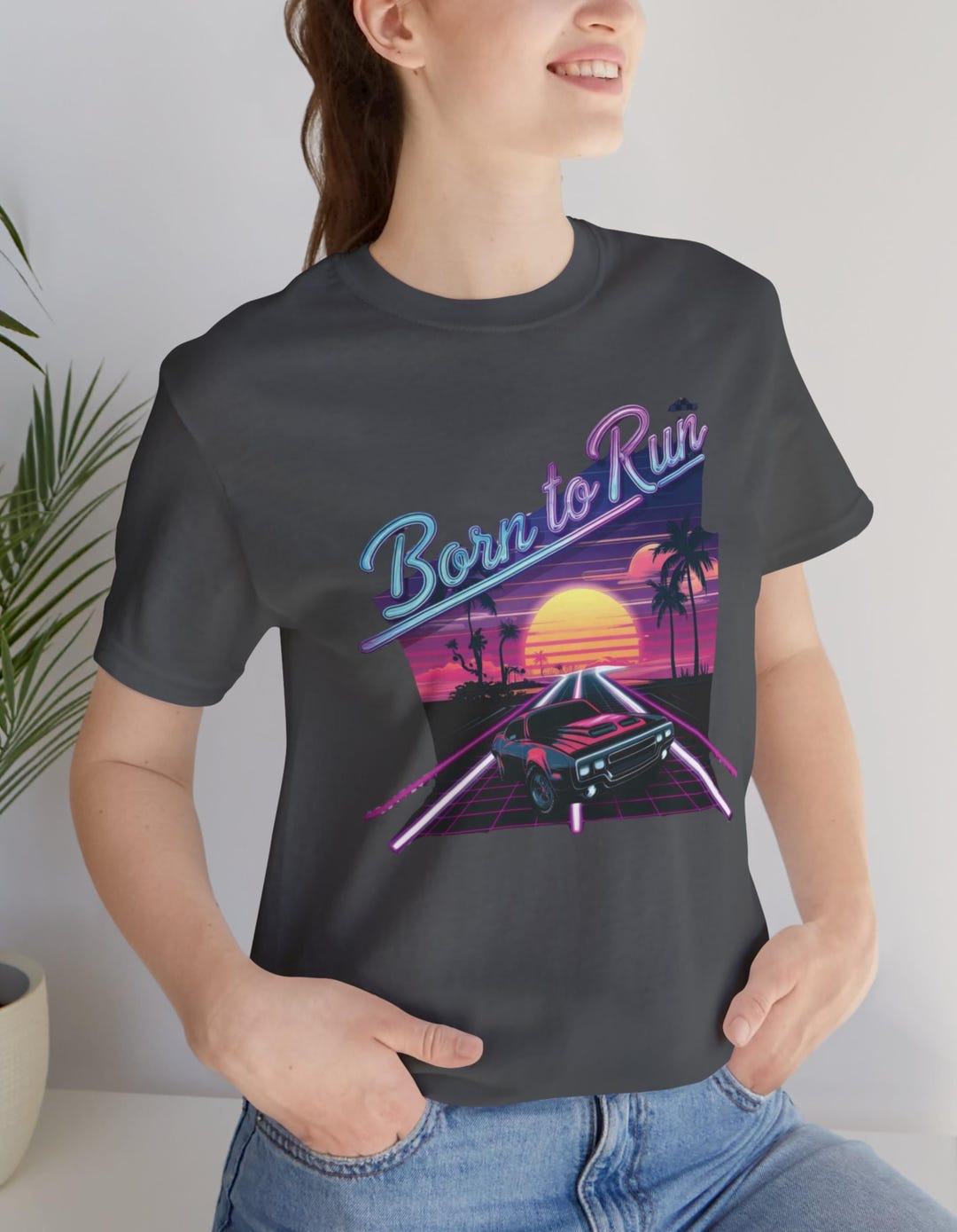 80s Miami Vice Synthwave Tee - "born to Run" Car Graphic - Retro Neon ...