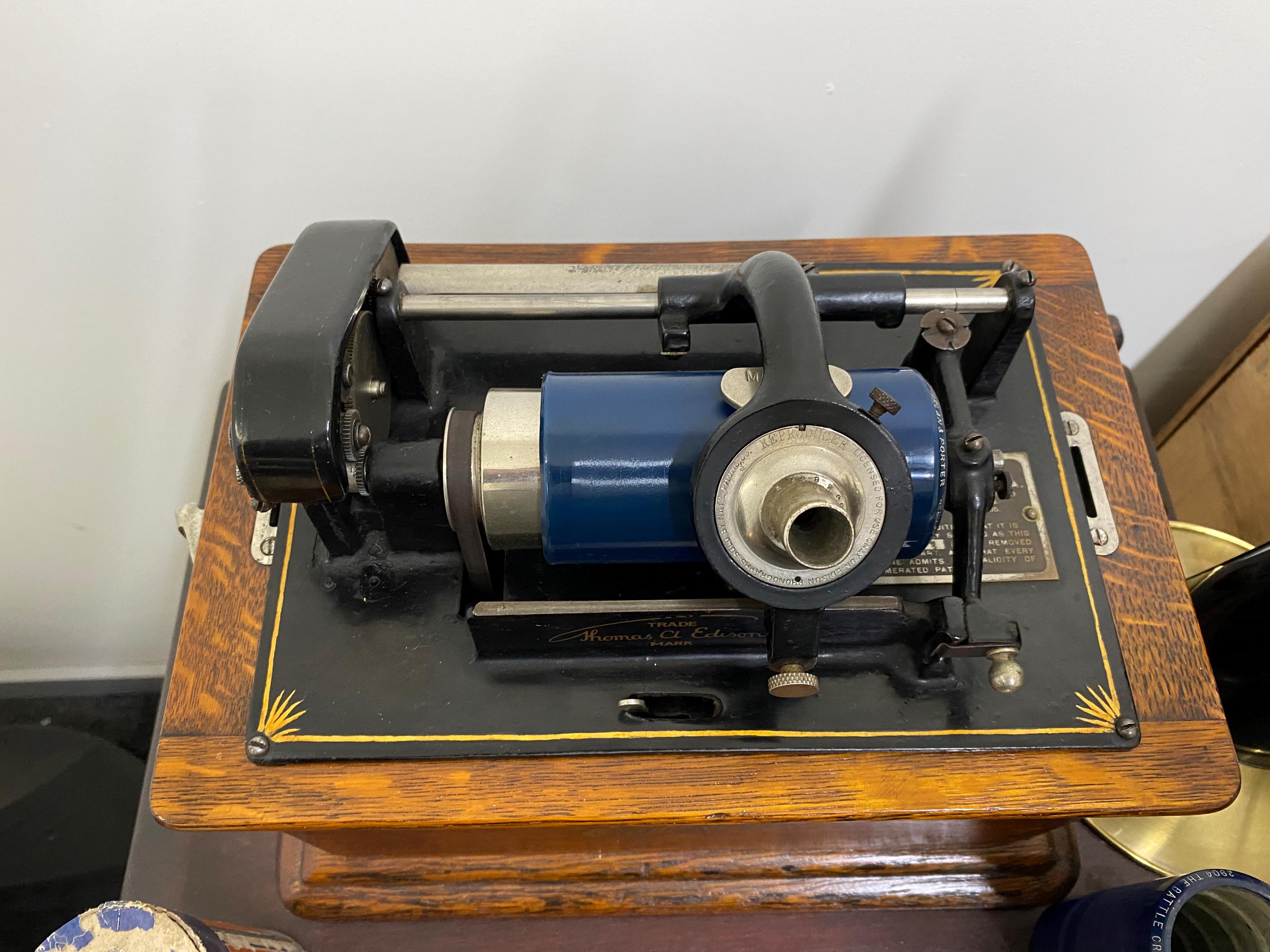 Edison Standard Phonograph Made in 1906 Including Horn and Six Records ...